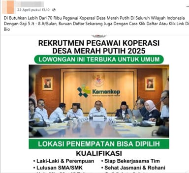 Hoaks Tautan Rekrutmen Pegawai Koperasi Merah Putih 2025