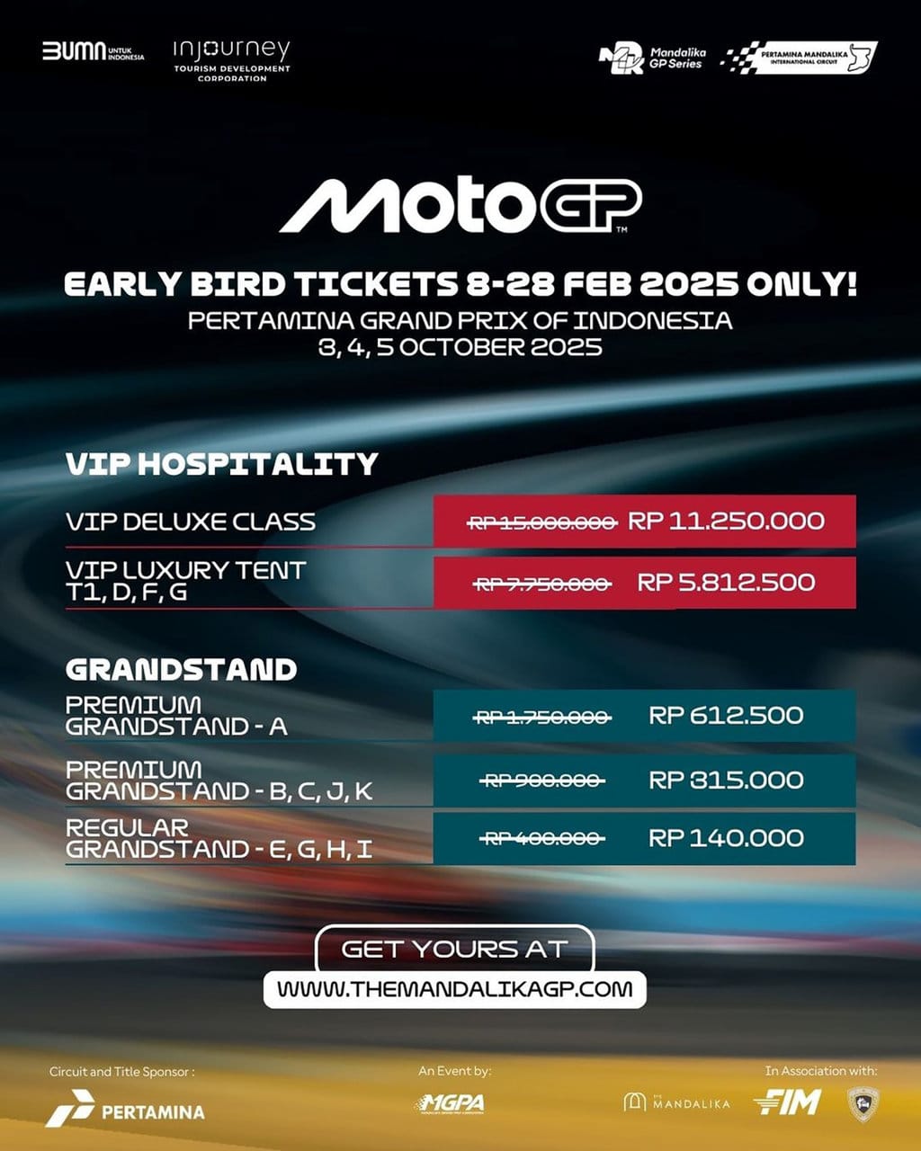 Info Tiket MotoGP Mandalika 2025, Daftar Harga, & Link Penjualan