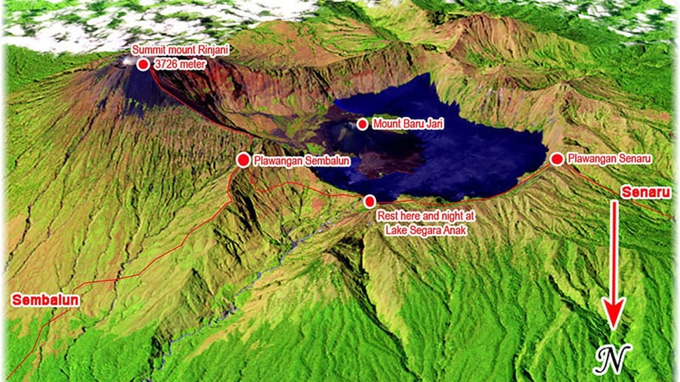 Peta Rinjani, Jarak Puncak, & Lokasi Jatuhnya Pendaki Brasil